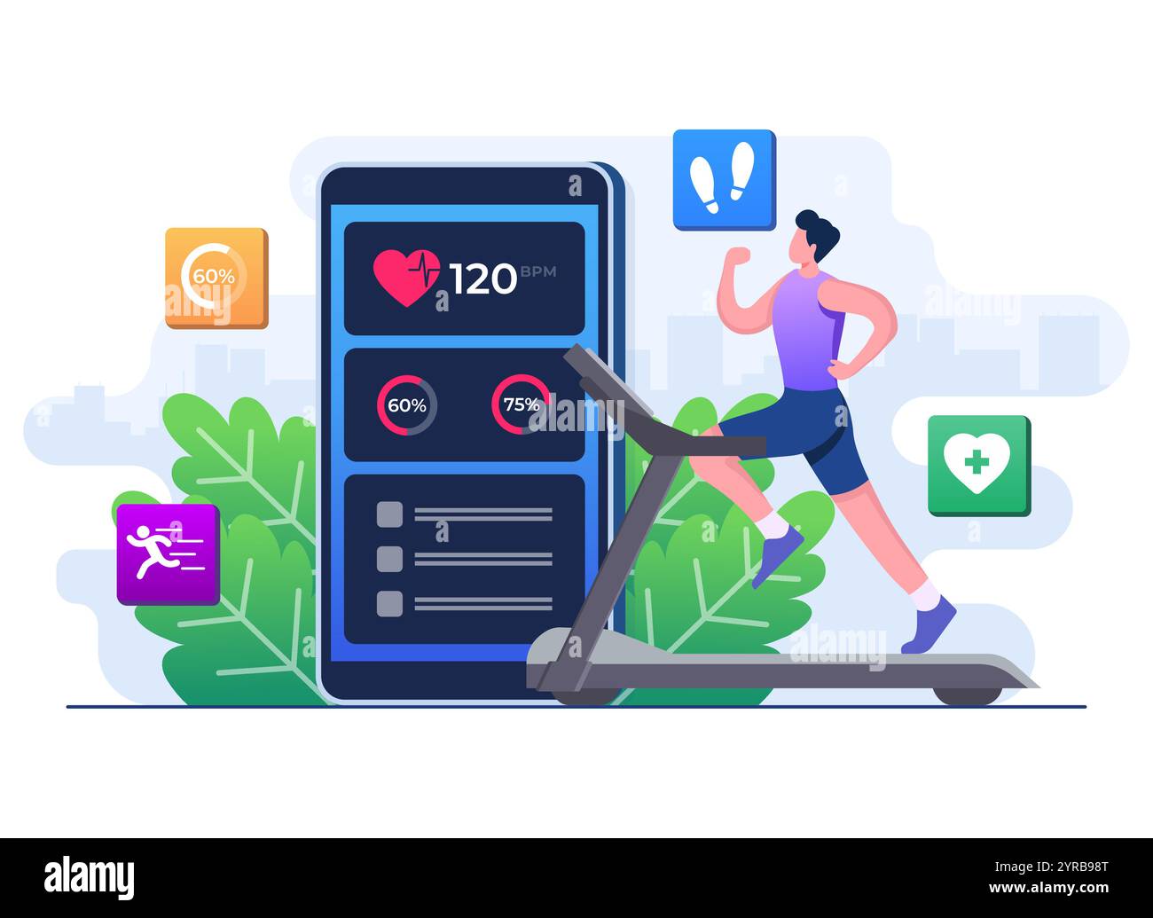 Man character running on a treadmill, Fitness tracker mobile app flat illustration vector ...