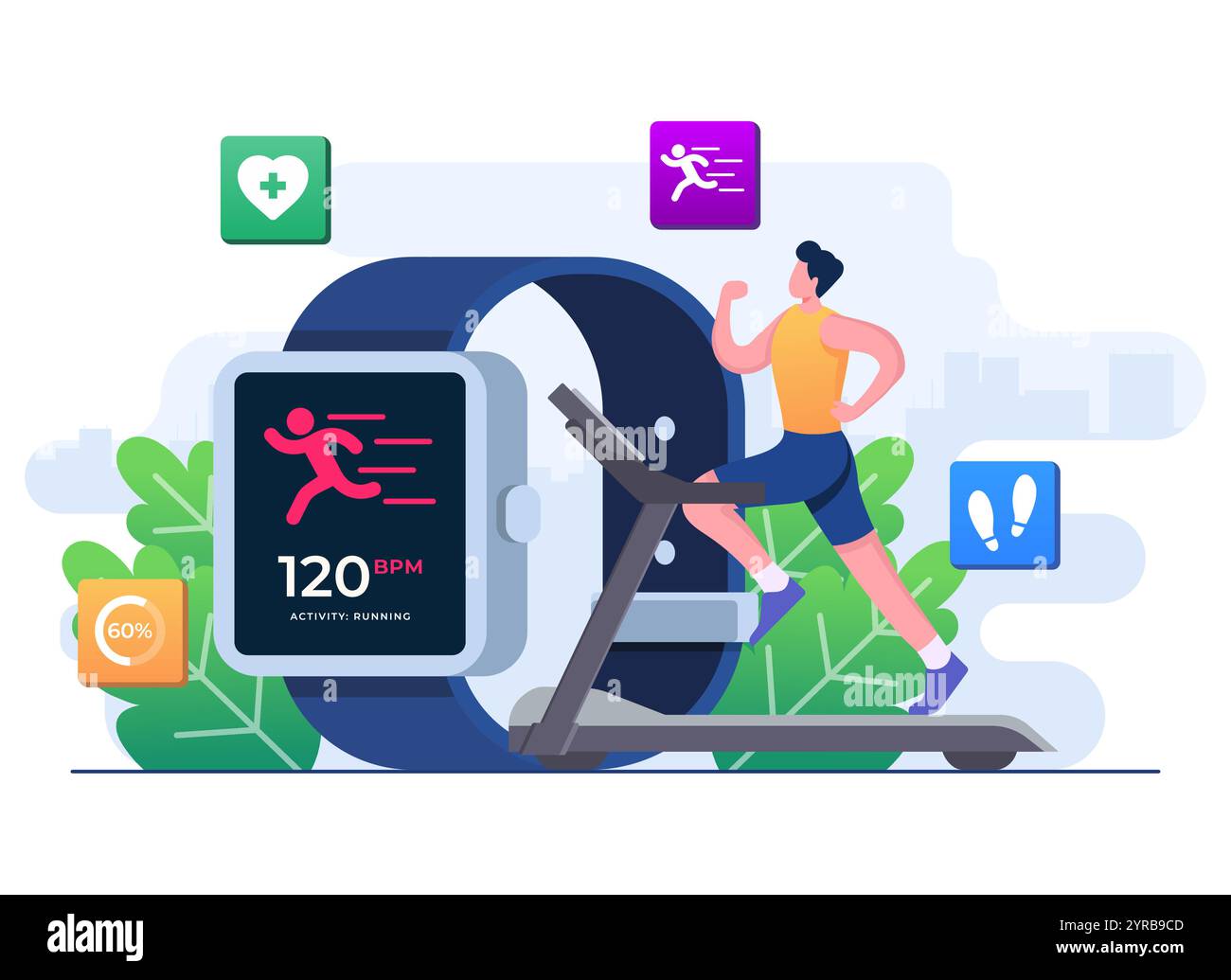 Male character running on a treadmill, Smartwatch health tracker, Smart working, Training ...