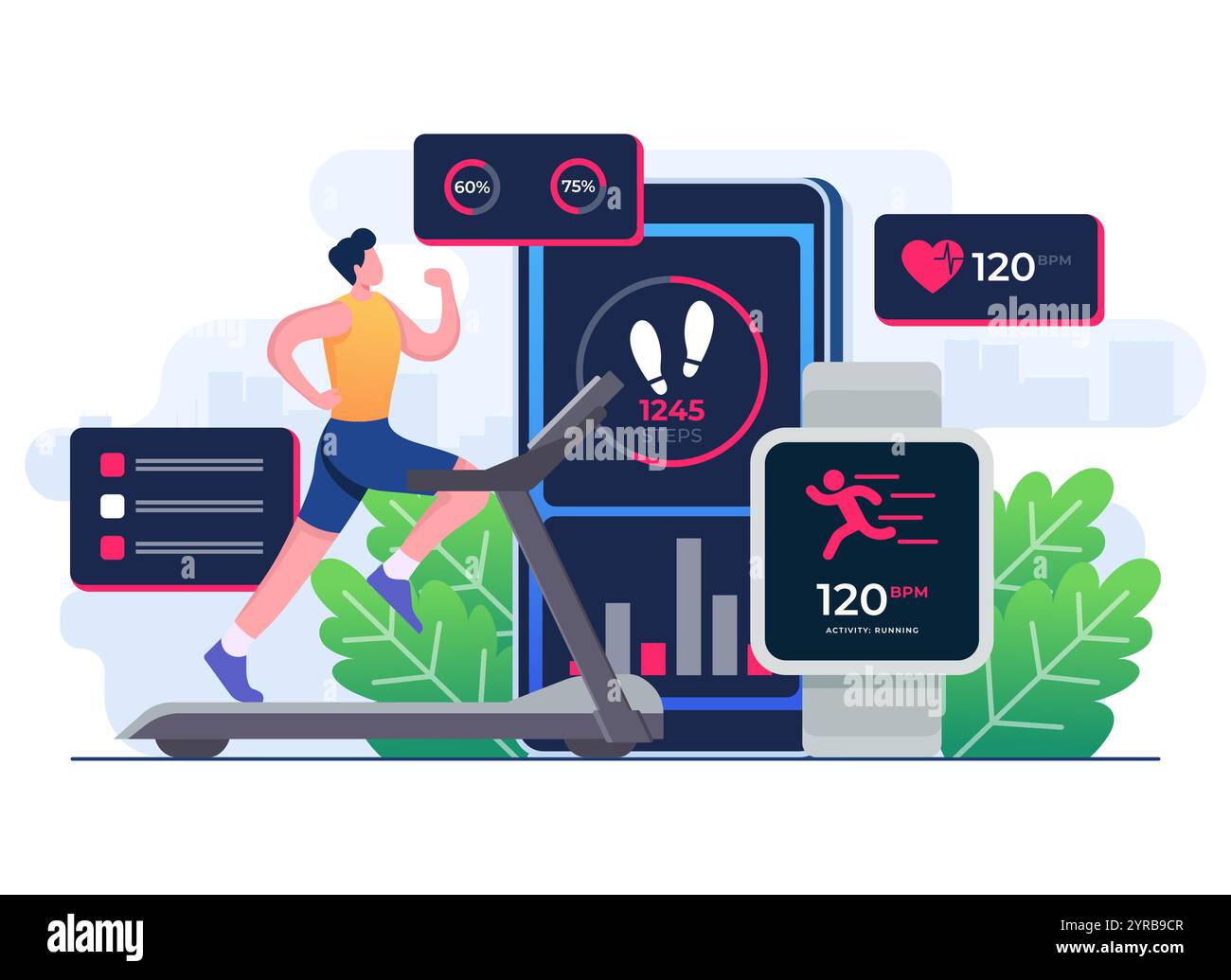 Man character running on a treadmill, Fitness tracker mobile app flat illustration vector ...
