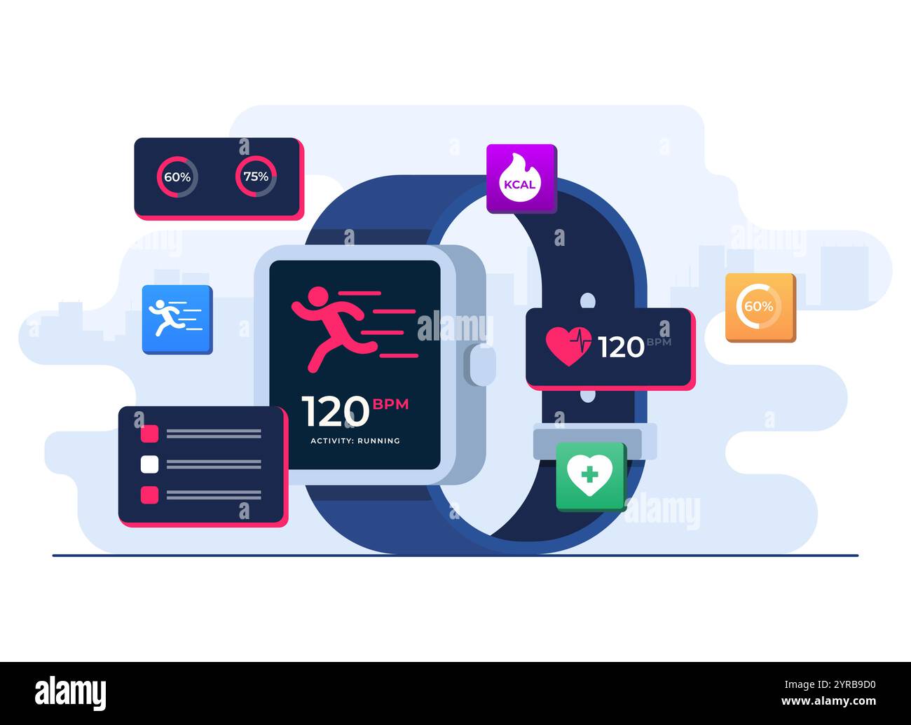 smartwatch healthcare concept flat illustration, Monitoring heart rate in smartwatch, Workout ...
