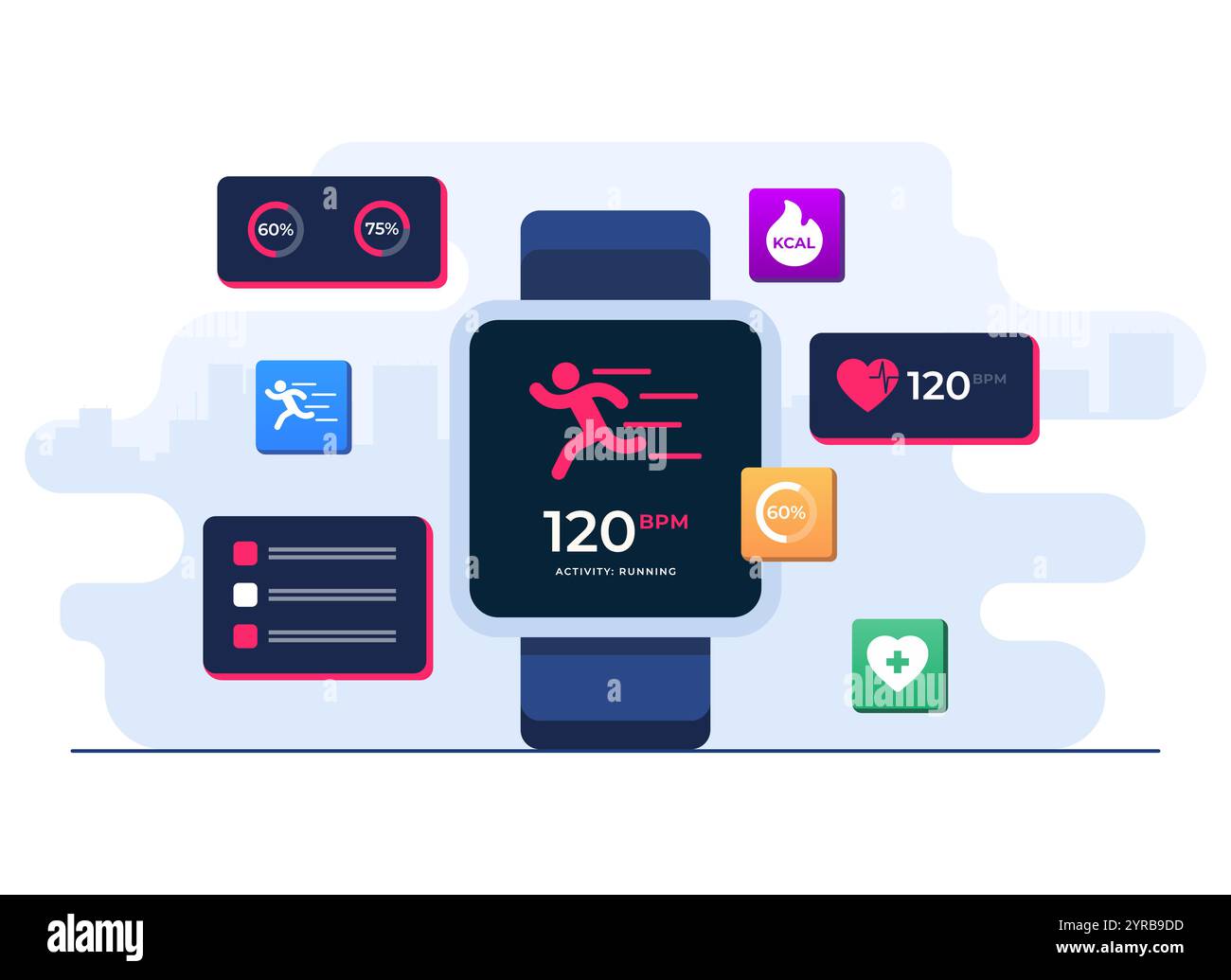 smartwatch healthcare concept flat illustration, Monitoring heart rate in smartwatch, Workout ...