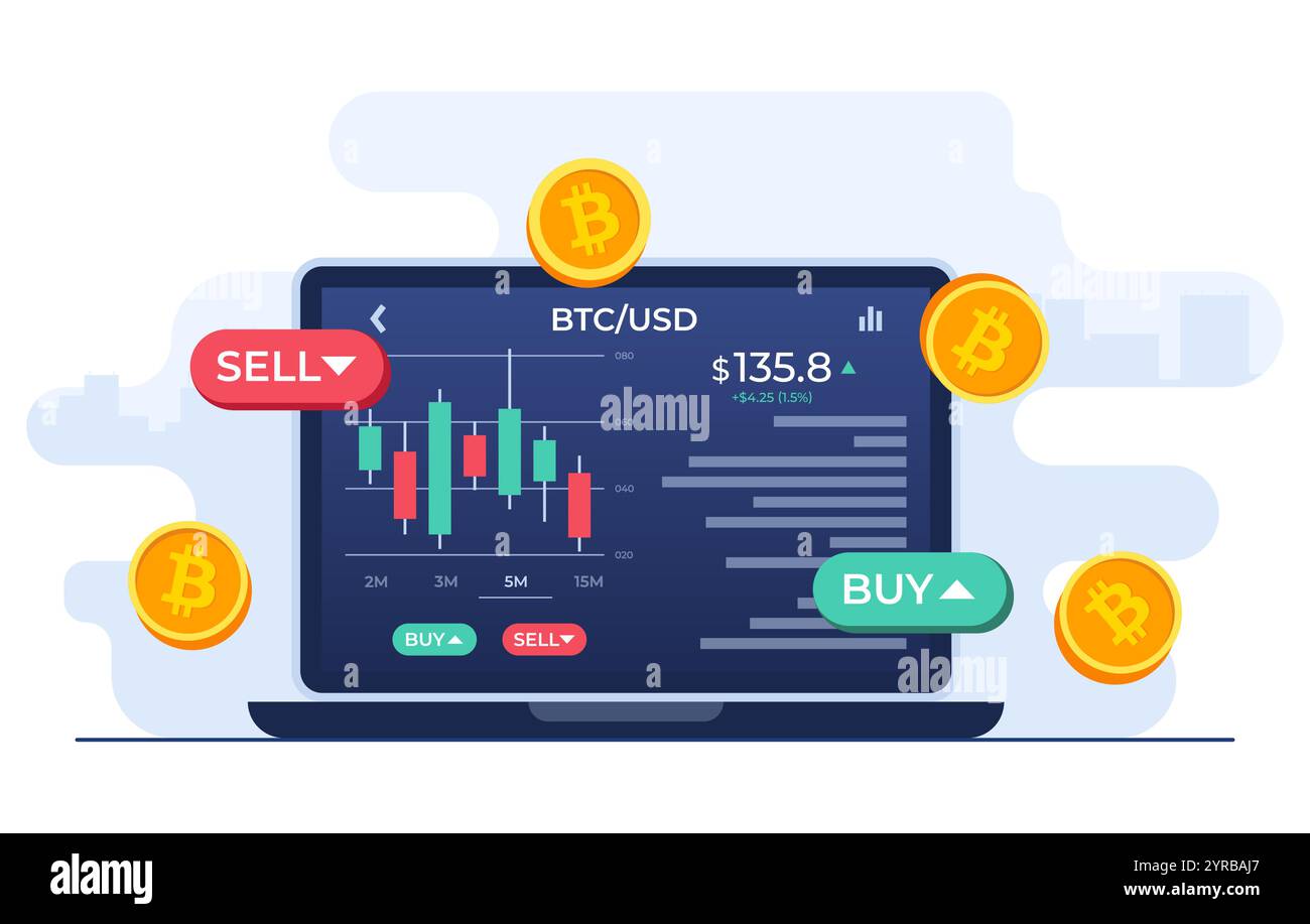 Stock exchange scene with laptop computer, chart, and SELL and BUY ...