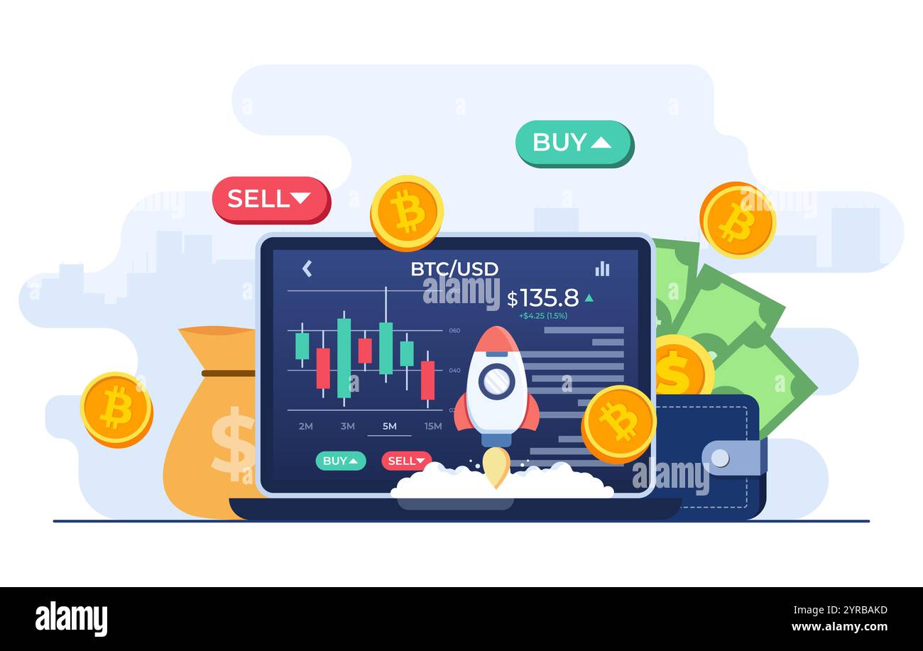 Cryptocurrency trading and growing concept flat illustration vector ...