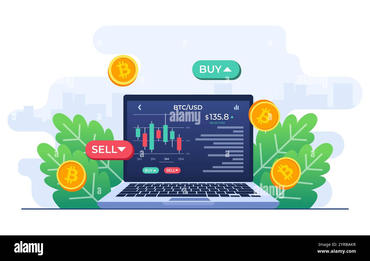 Stock exchange scene with laptop computer, chart, and SELL and BUY ...