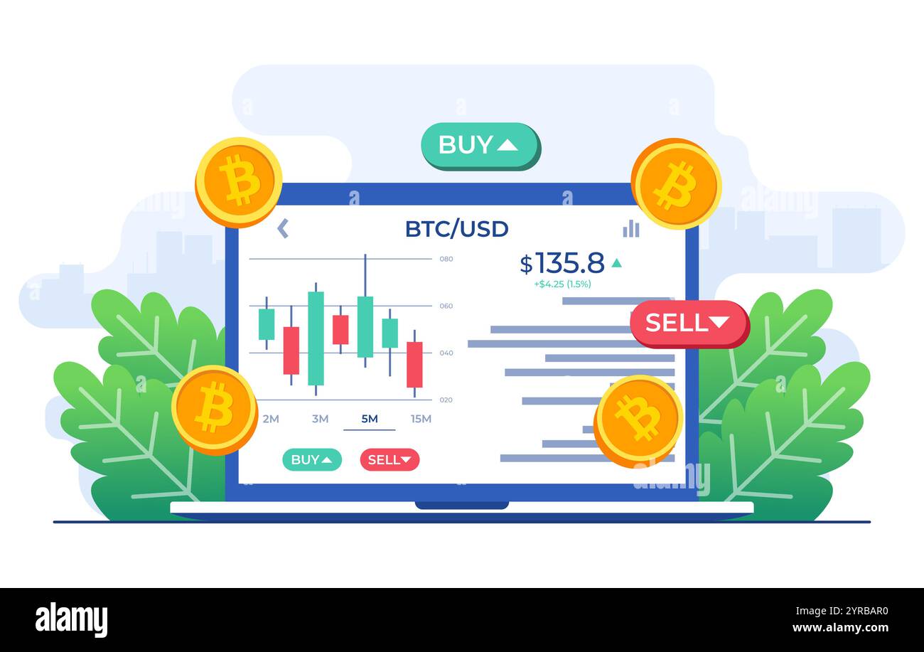 Stock exchange scene with laptop computer, chart, and SELL and BUY ...