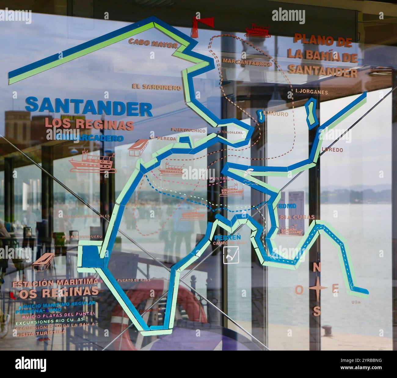Route map on the glass windows of the ferry station building for ferry ...
