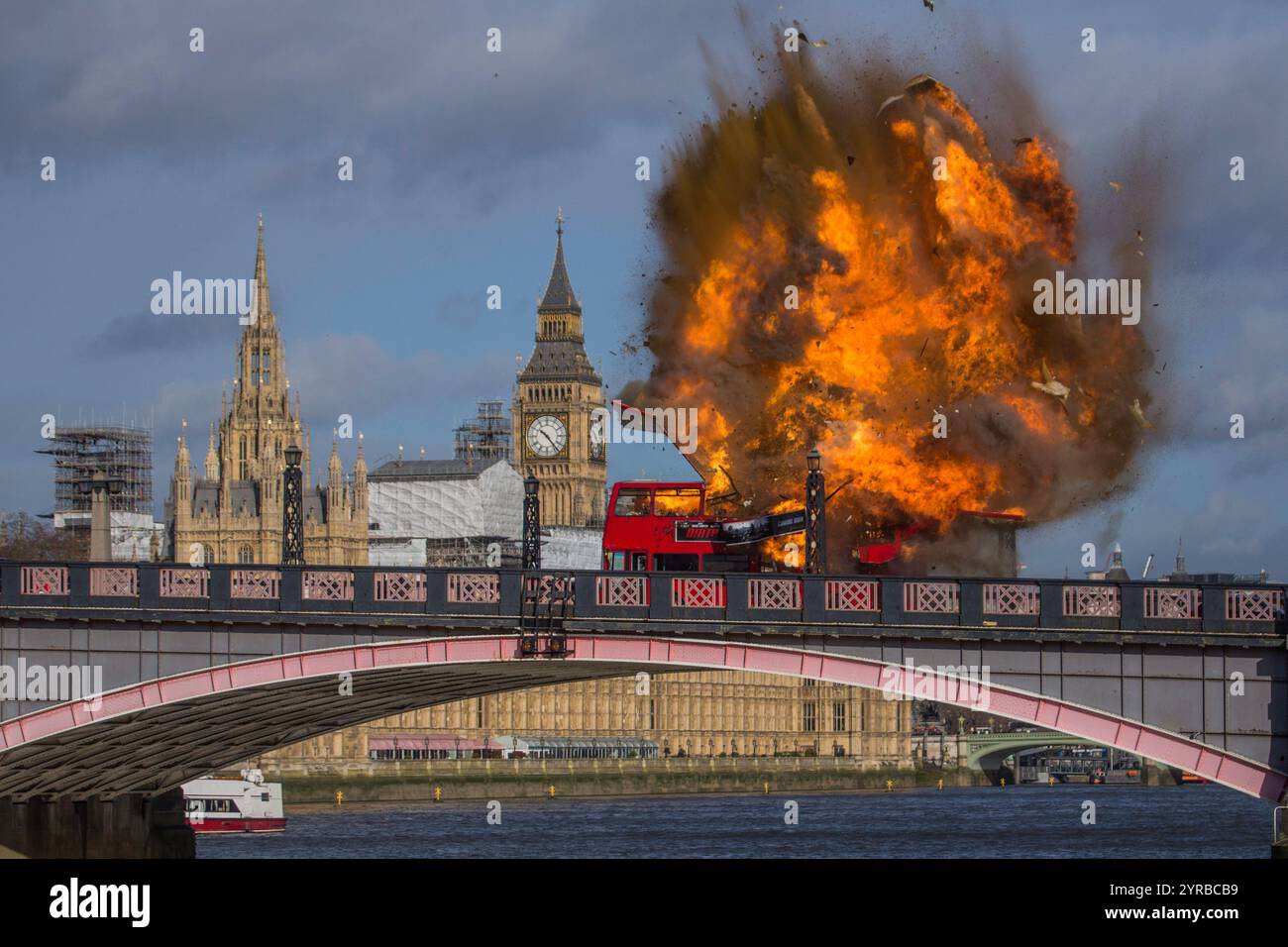 LONDON, UK - Febuary 7 2016. A dramatic scene unfolds as a red double ...
