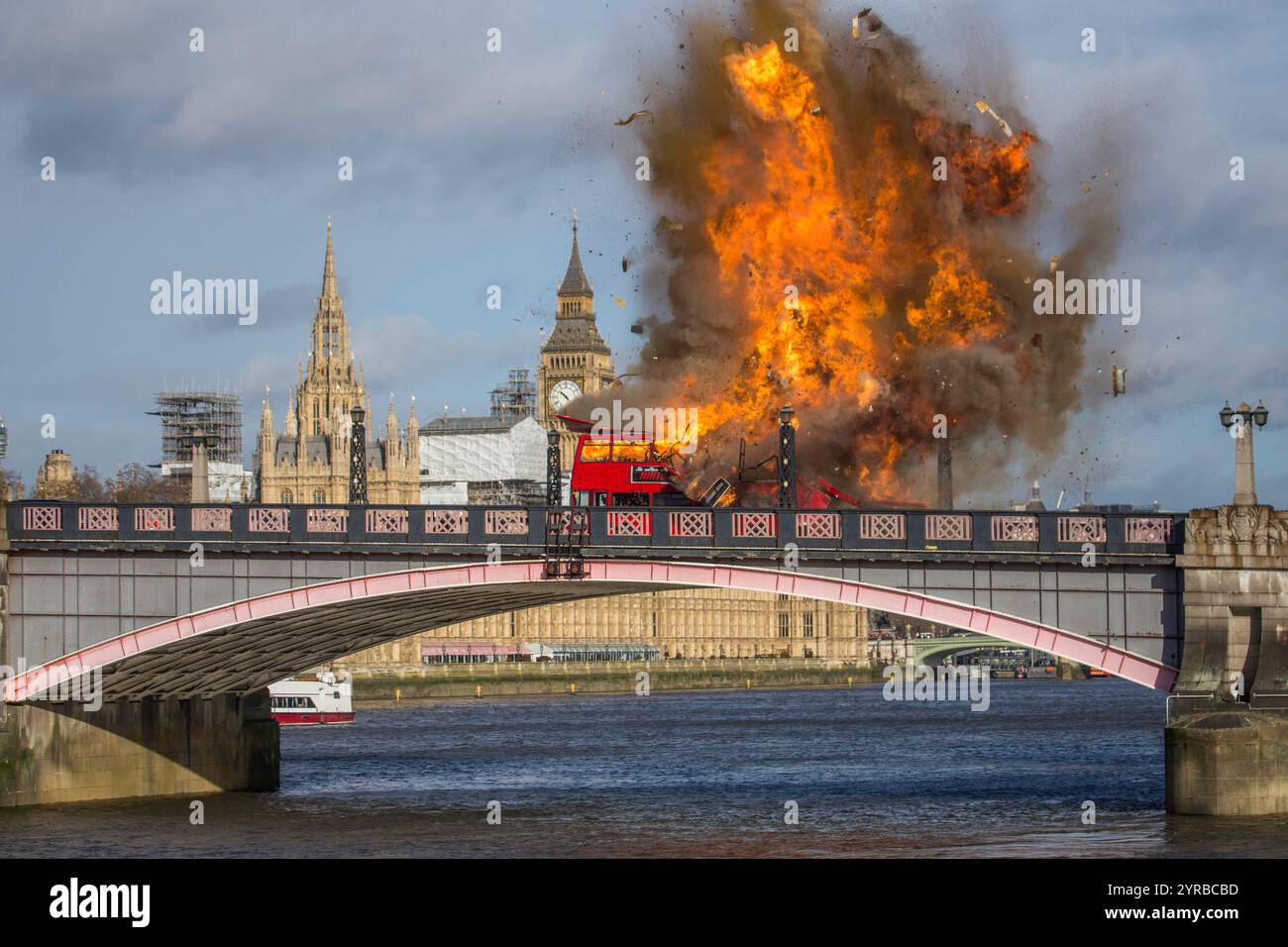 LONDON, UK - Febuary 7 2016. A dramatic scene unfolds as a red double ...