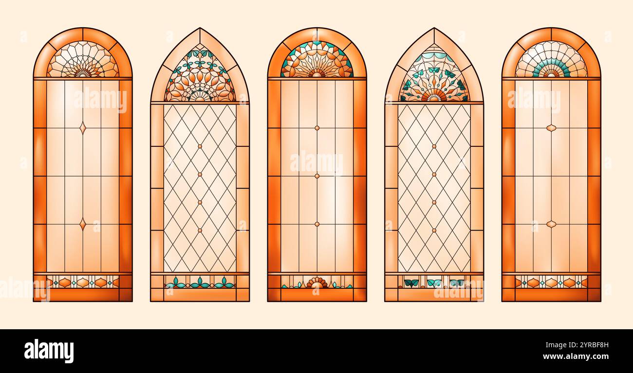 Church glass windows. Catholic Christian frames. Warm colors Stock ...