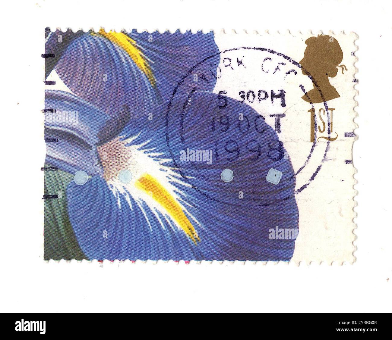 A vintage postage stamp from Great Britain featuring an Iris flower ...