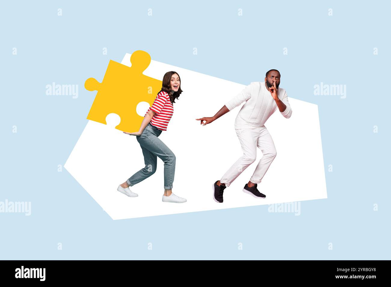 Creative collage picture young woman man shh dont speak colleagues ...