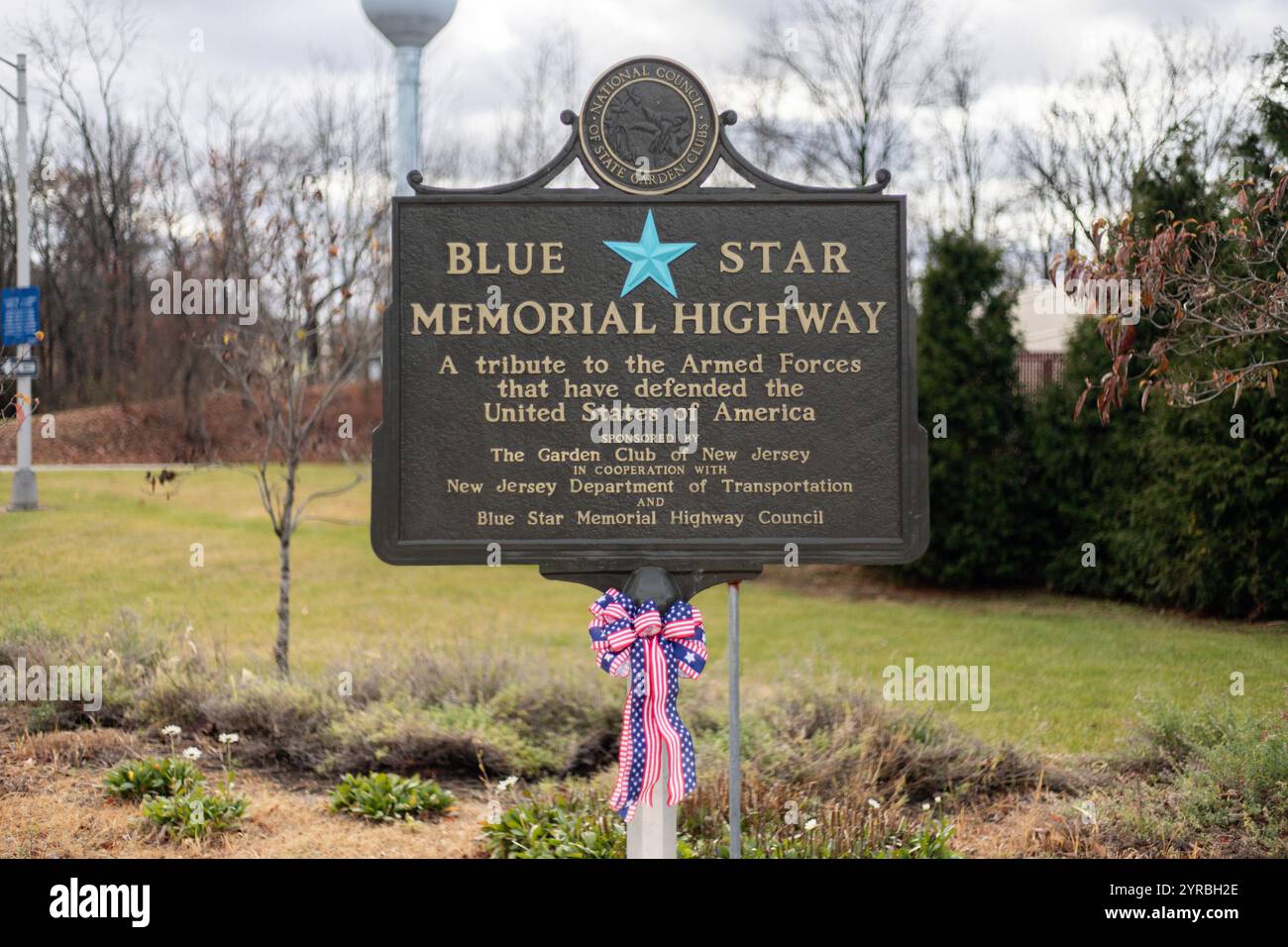 Blue Star Memorial Highway Marker with Patriotic Ribbon Stock Photo - Alamy
