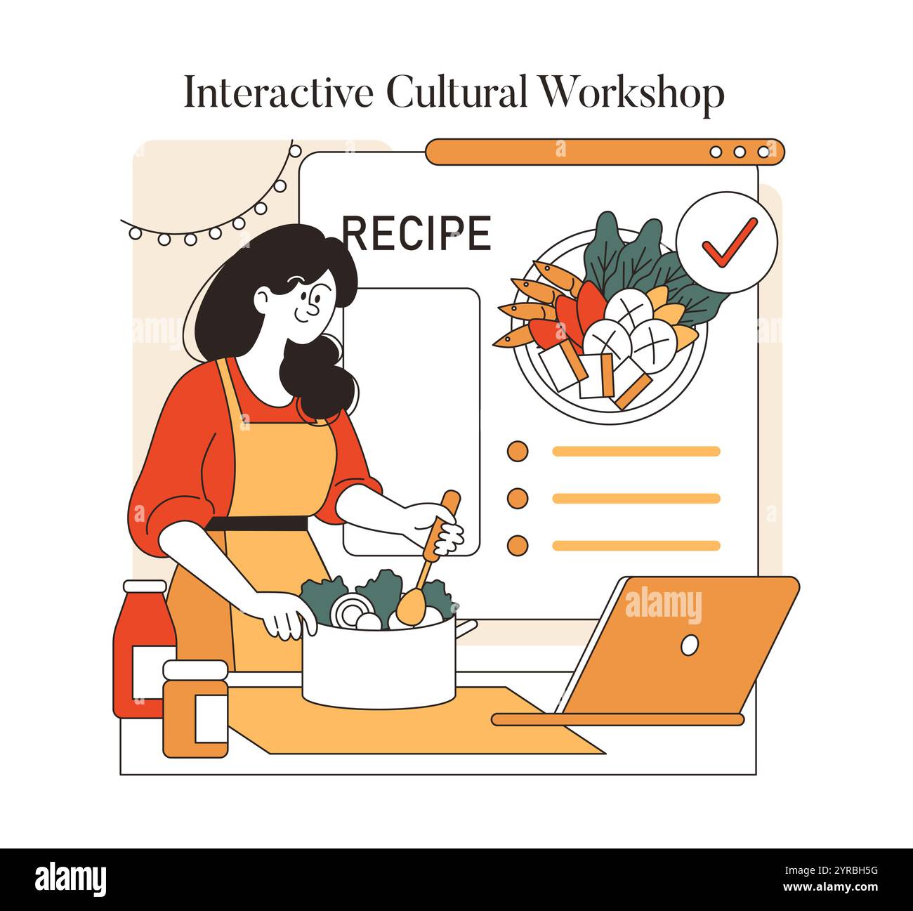 Online cooking class illustration. Woman prepares a meal by following a ...