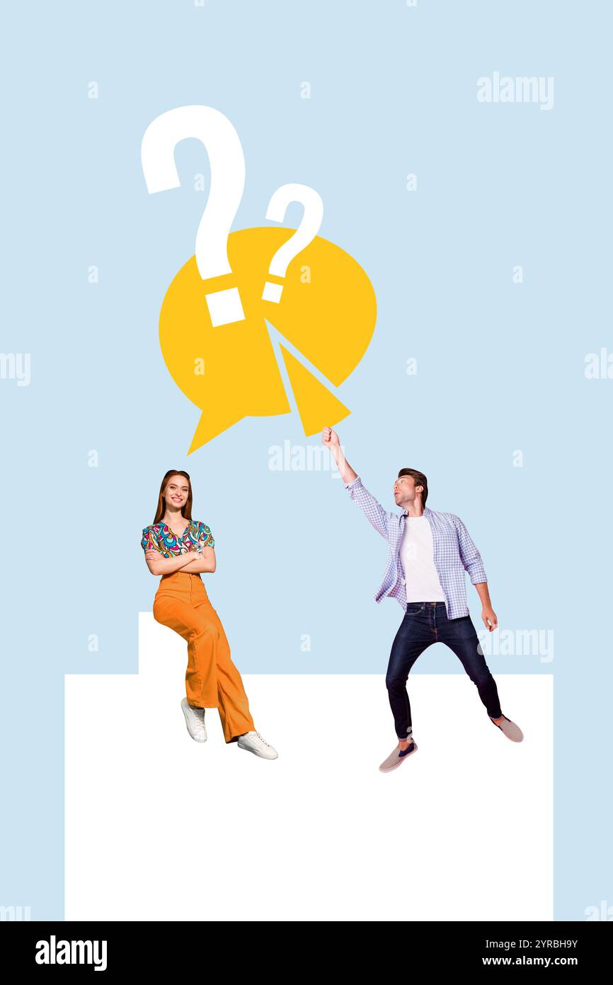 Vertical collage image young man woman colleagues textbox message reply ...