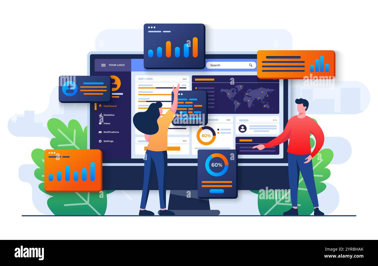 Two businesspeople analyzing data charts, graphs, and a dashboard on a ... Two businesspeople analyzing data charts, graphs, and a dashboard on a ...