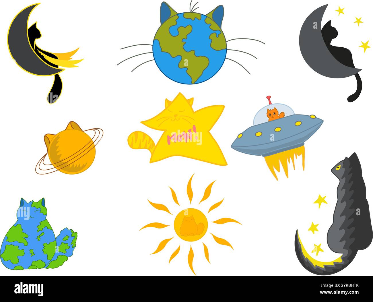abstract drawing of cats in space style, cats in the form of planets ...