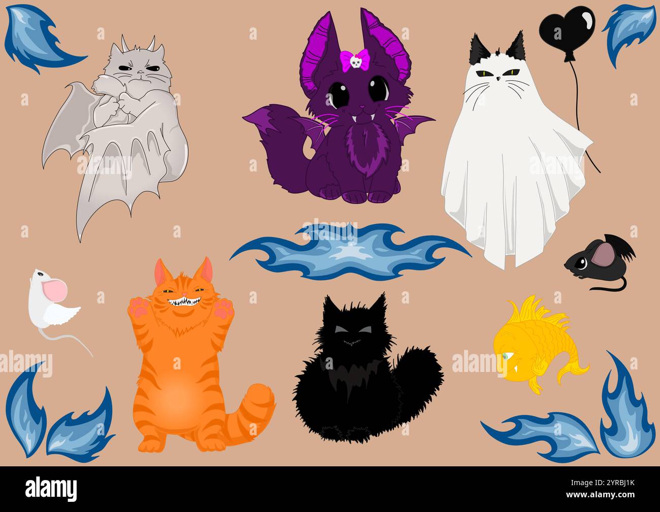 A collection of Halloween-themed cat illustrations, featuring cats ...