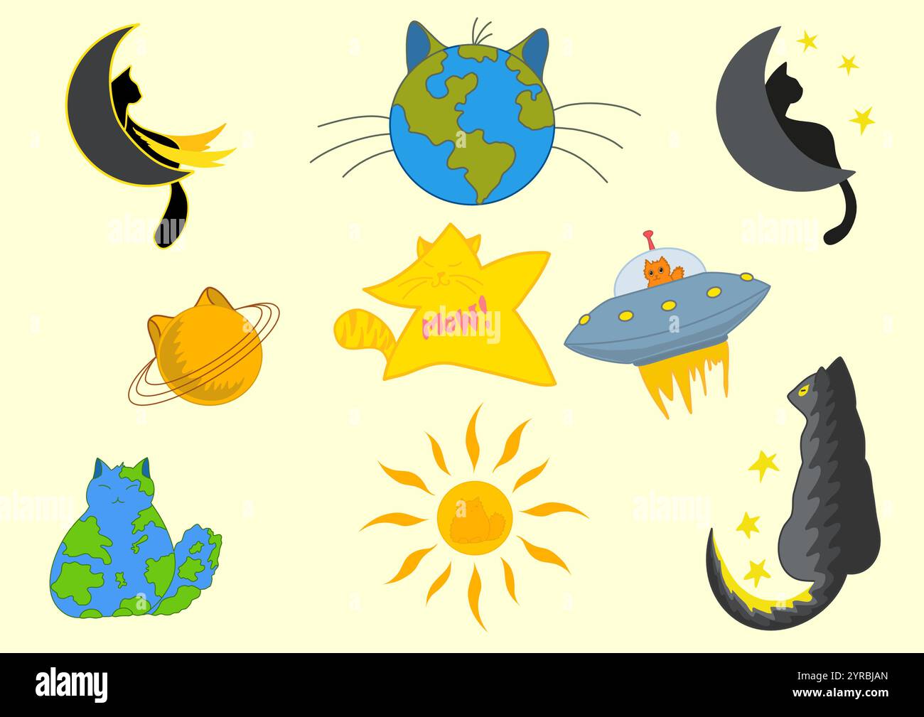 abstract drawing of cats in space style, cats in the form of planets ...