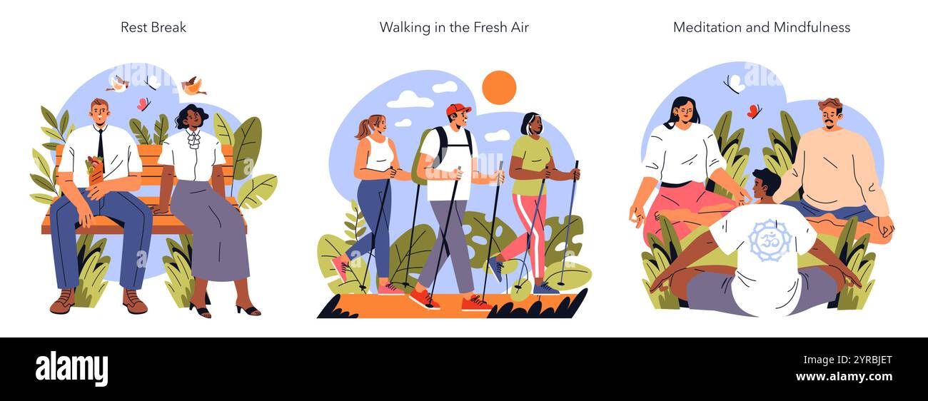 Wellness break set. Professionals relaxing on bench, hiking for health ...
