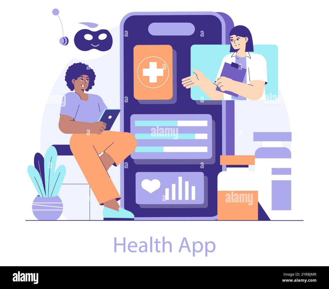 Healthtech concept. Patient engages with a digital health application as a nurse assists ...