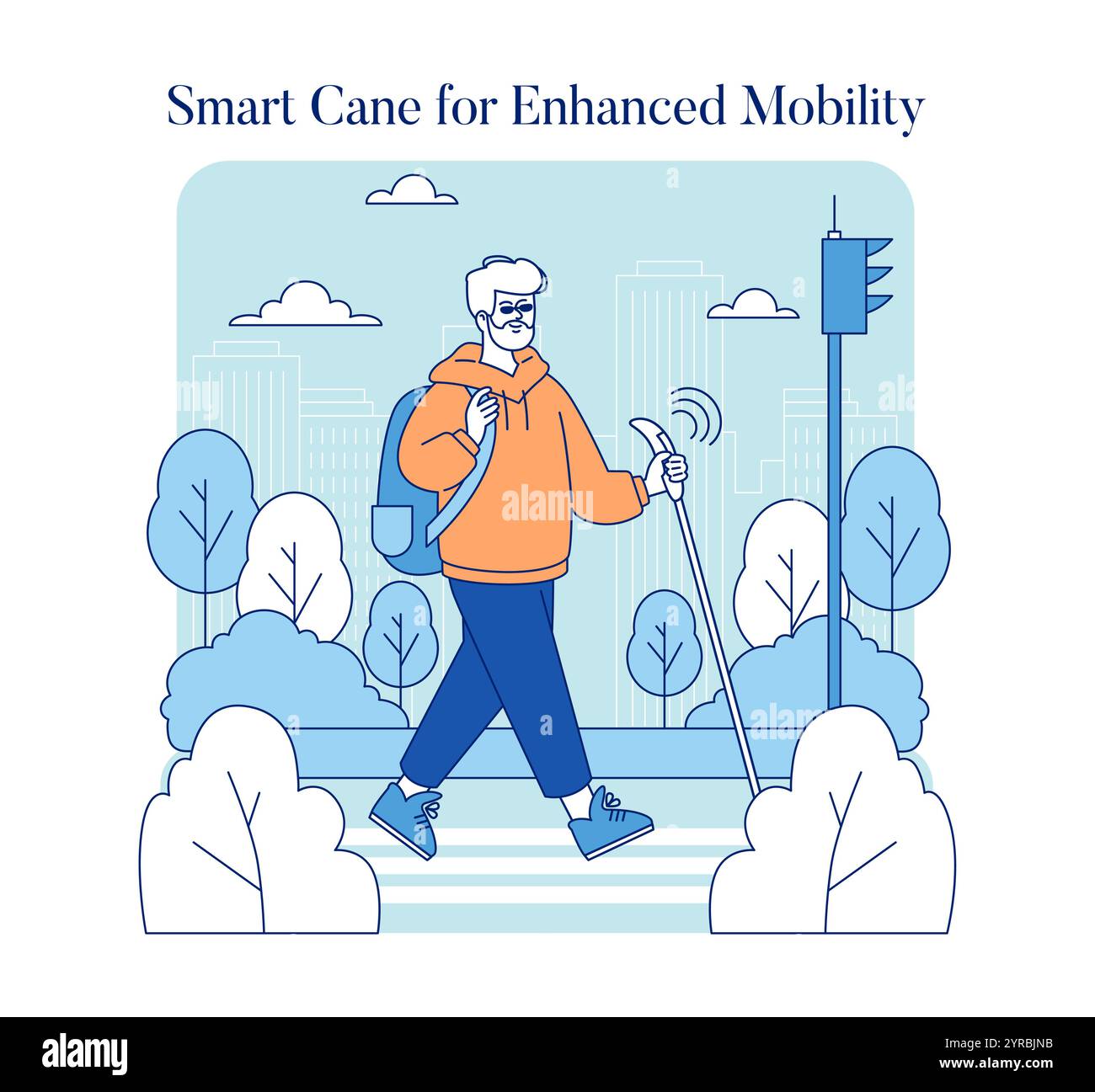 Adaptive Technology Concept An Illustration Of A Man Using A Smart Cane For Enhanced Mobility