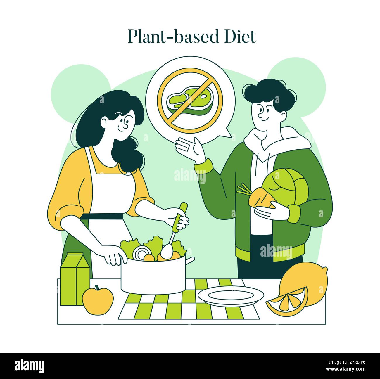 Green Lifestyle concept. Two people embrace a plant-based diet, with ...