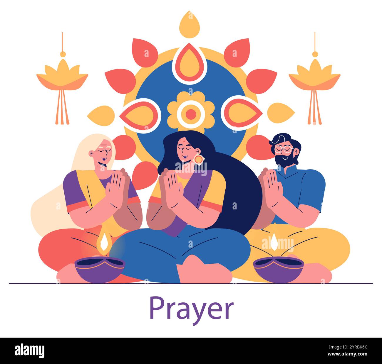 Diwali celebration concept. Family performing traditional prayers with ...