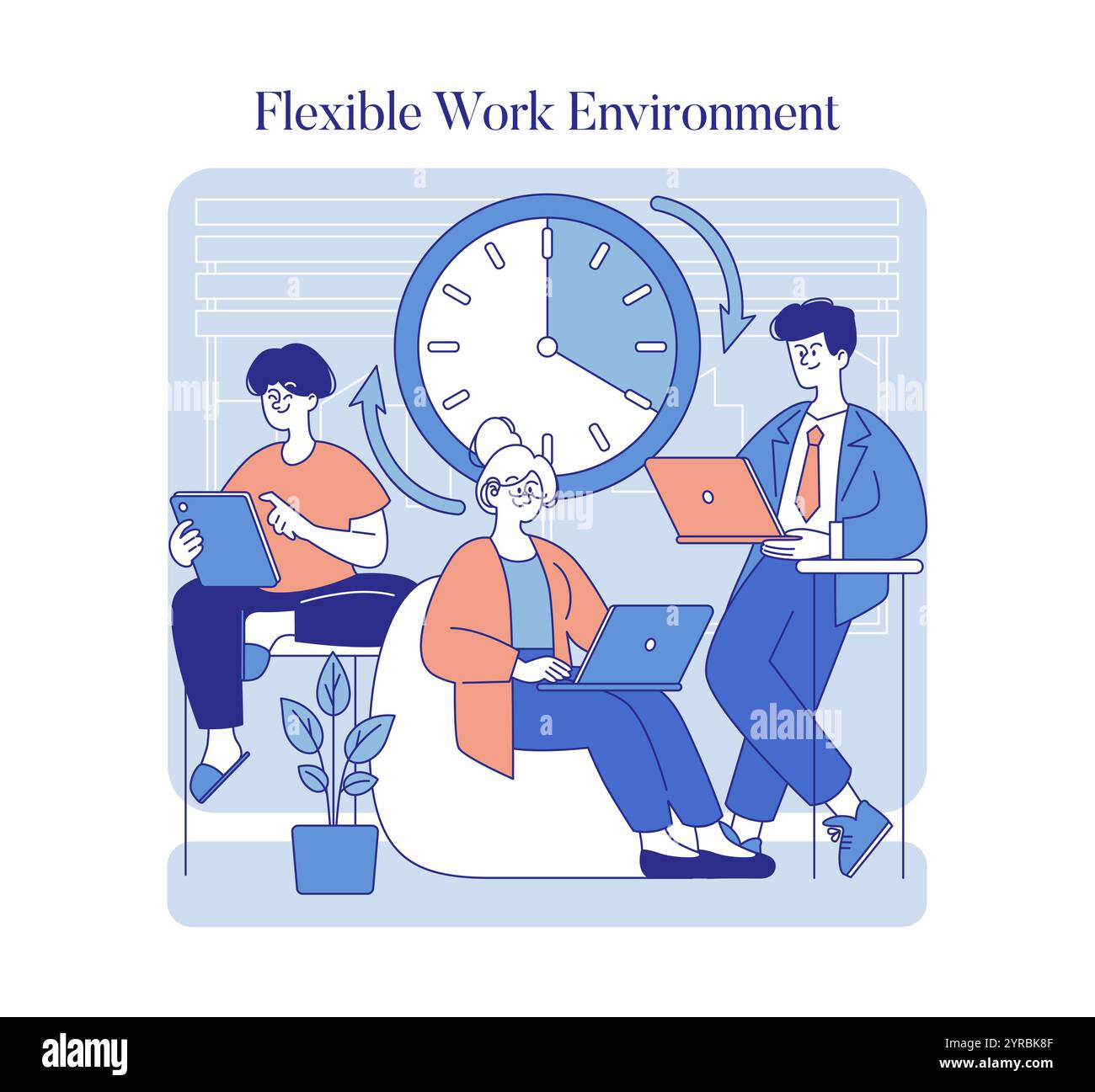 Flexible Work Environment concept. Employees with laptops illustrating ...