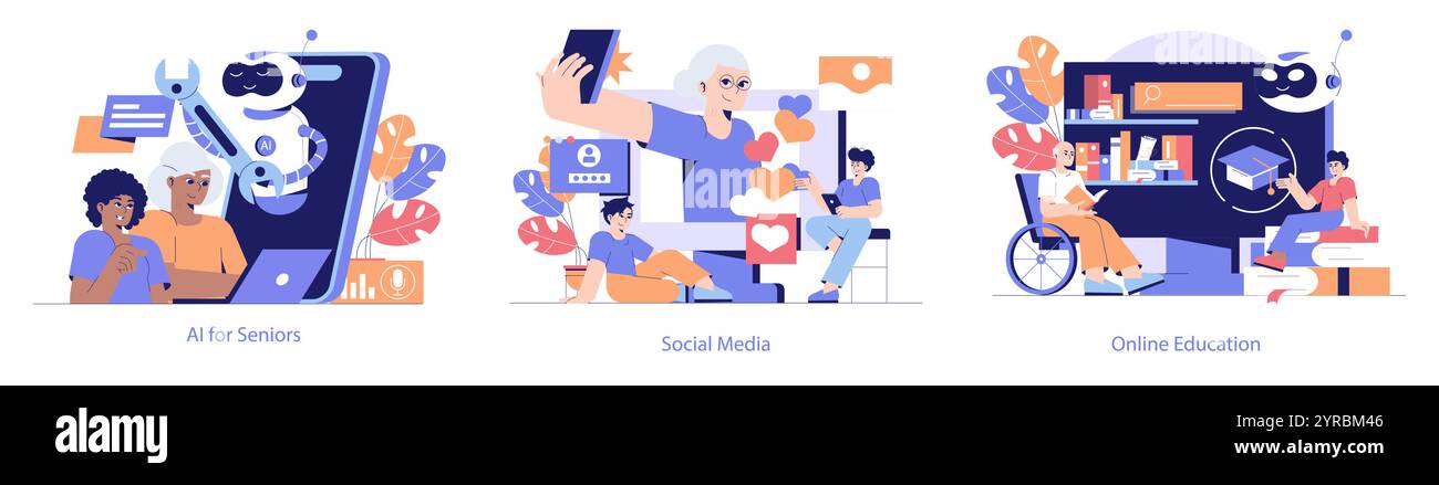Tech Help Across Generations set. Seniors with AI assistance, family ...