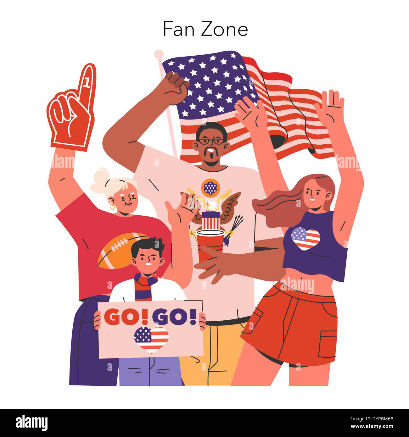Super Bowl celebration concept. Enthusiastic fans with American flags ...