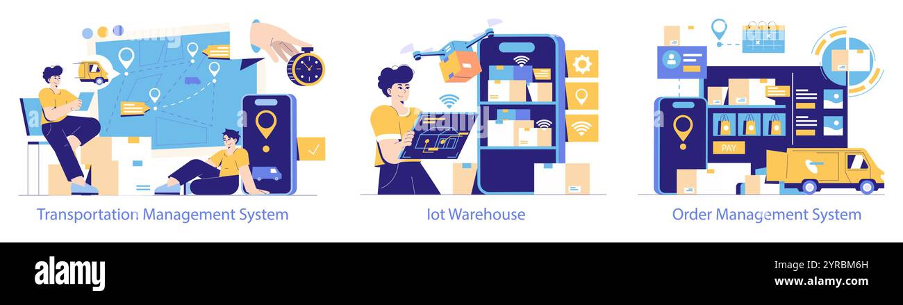 Logistics Automation set. Streamlined transportation, warehousing and order management processes ...