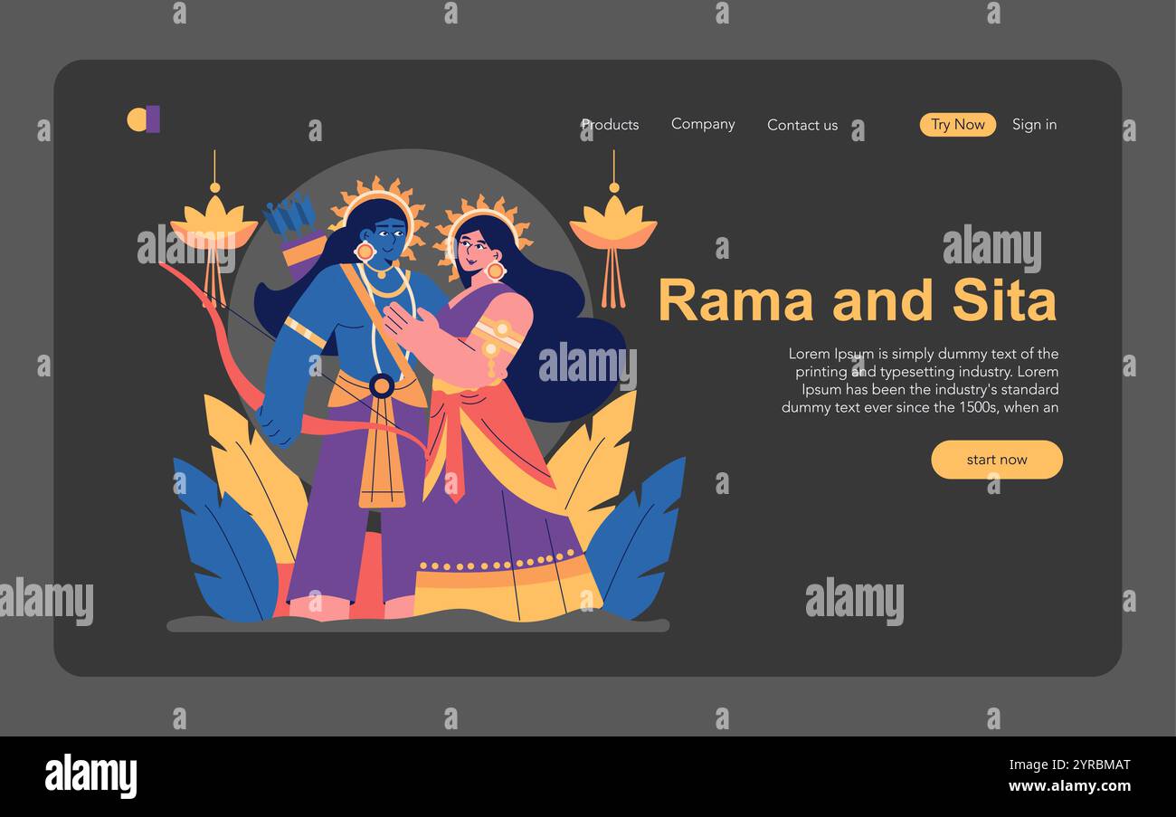 Divali web banner concept. Illustration featuring Rama and Sita with a backdrop of Diwali lamps ...