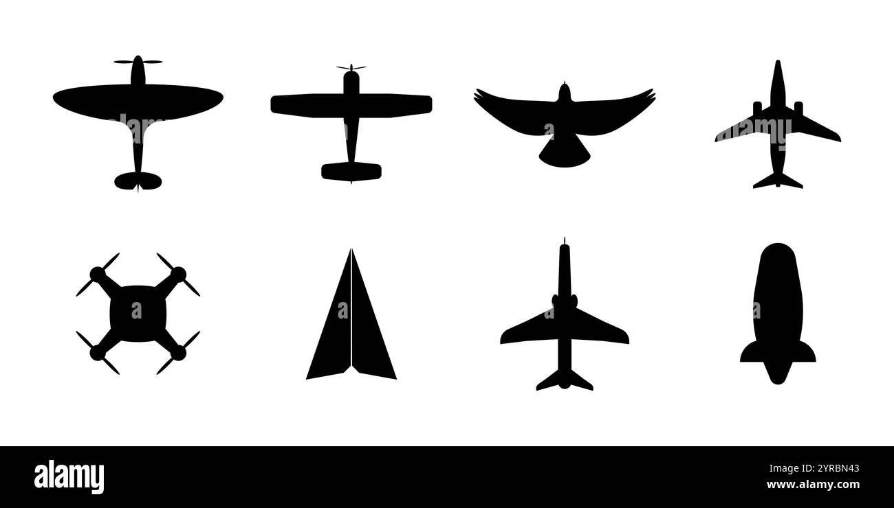 Aircraft top view icon set. Set of black silhouette airplanes, paper ...