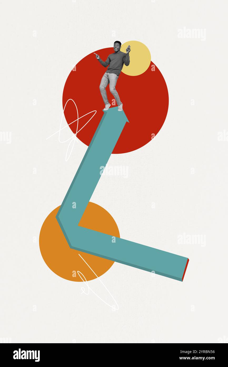 Vertical collage young man standing top arrow direction leadership ...