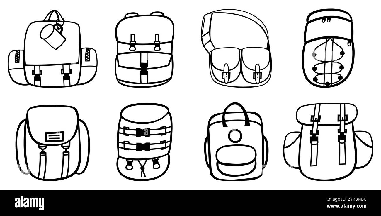 Collection of tourist backpacks. Vector outline isolated on white ...