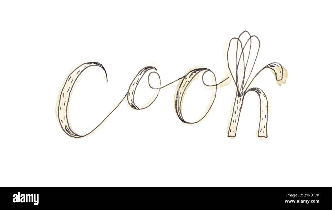 Elegant handwritten cook word art with whisk motif in minimalist black ...
