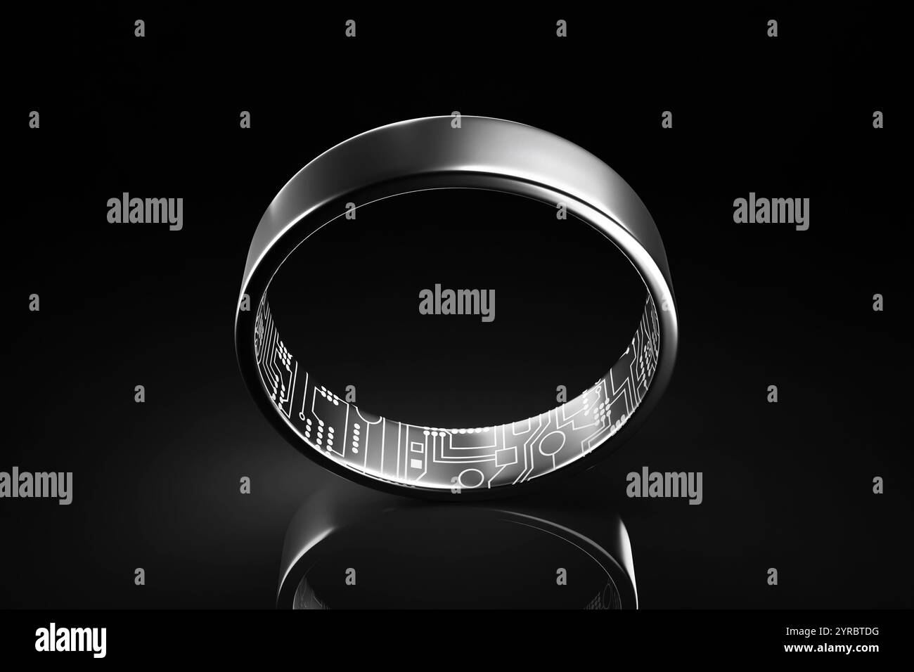 Silver smart ring showing electronic circuit. Concept of futuristic ...