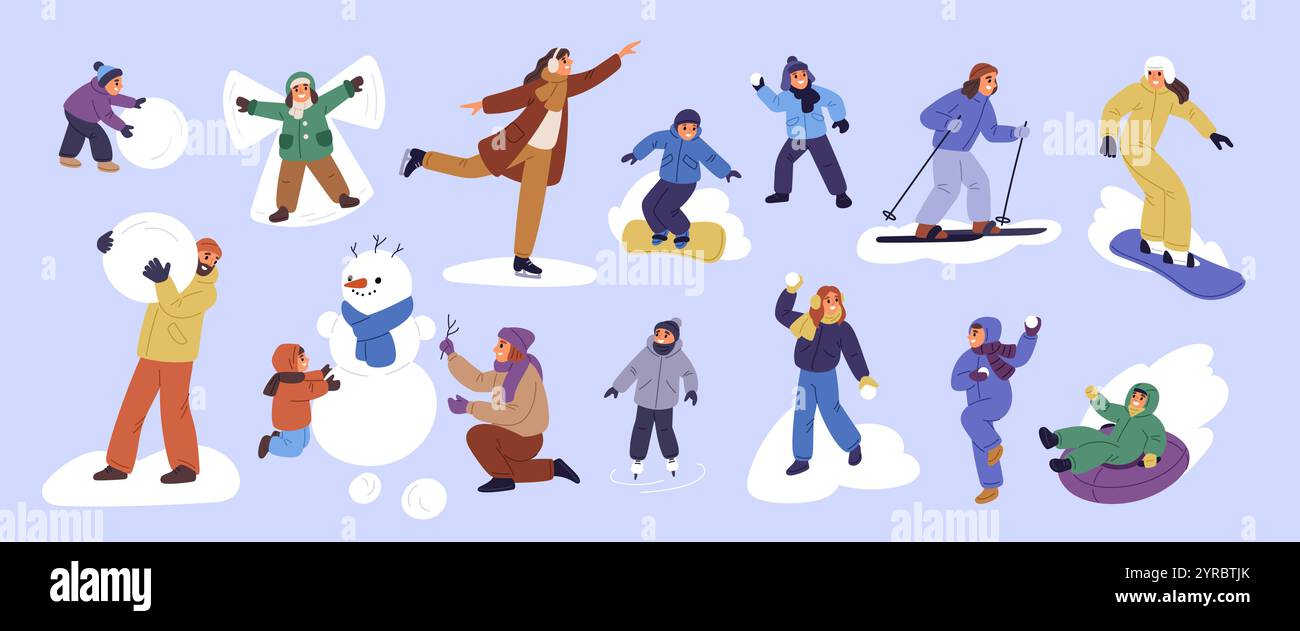 Winter outdoor family activities. Happy children and parents make ...