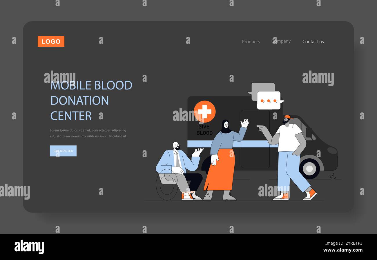 Blood Donor Day concept. Volunteers donating blood at a mobile donation ...