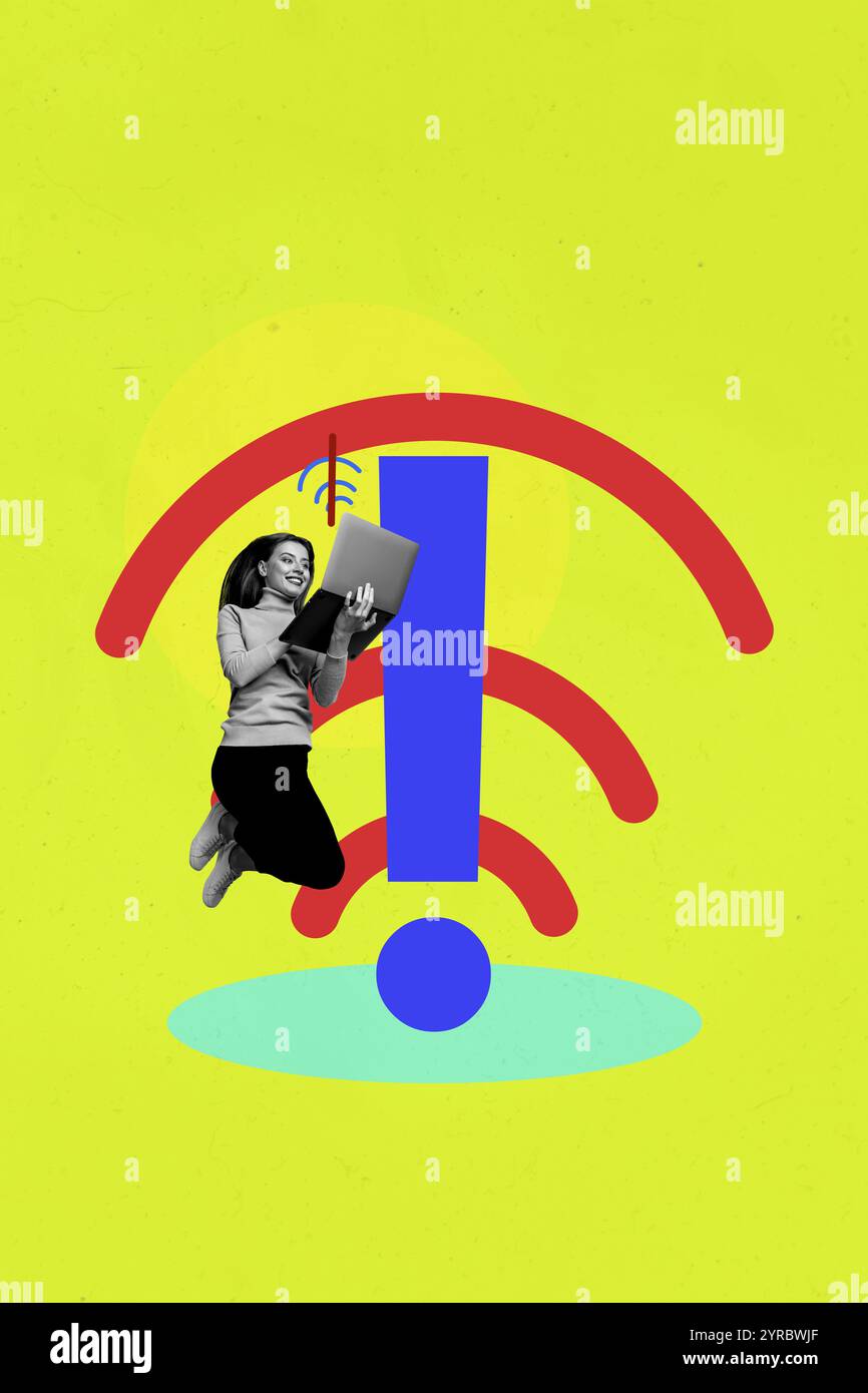 Vertical photo collage of happy girl jump laptop wifi interrupted ...