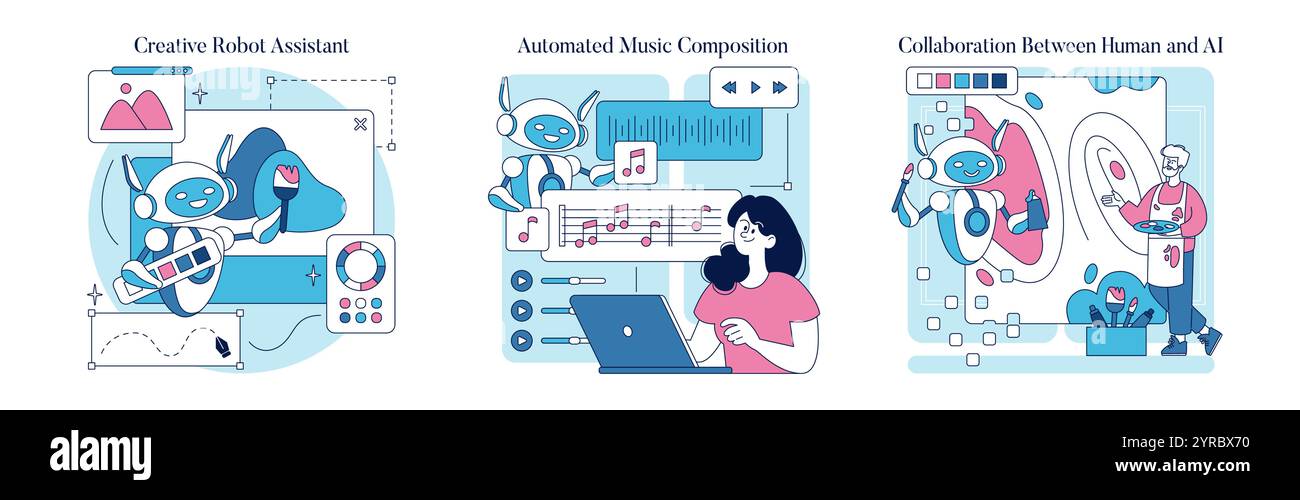 Automation in Creativity set. Robots engaging in art, music, and ...
