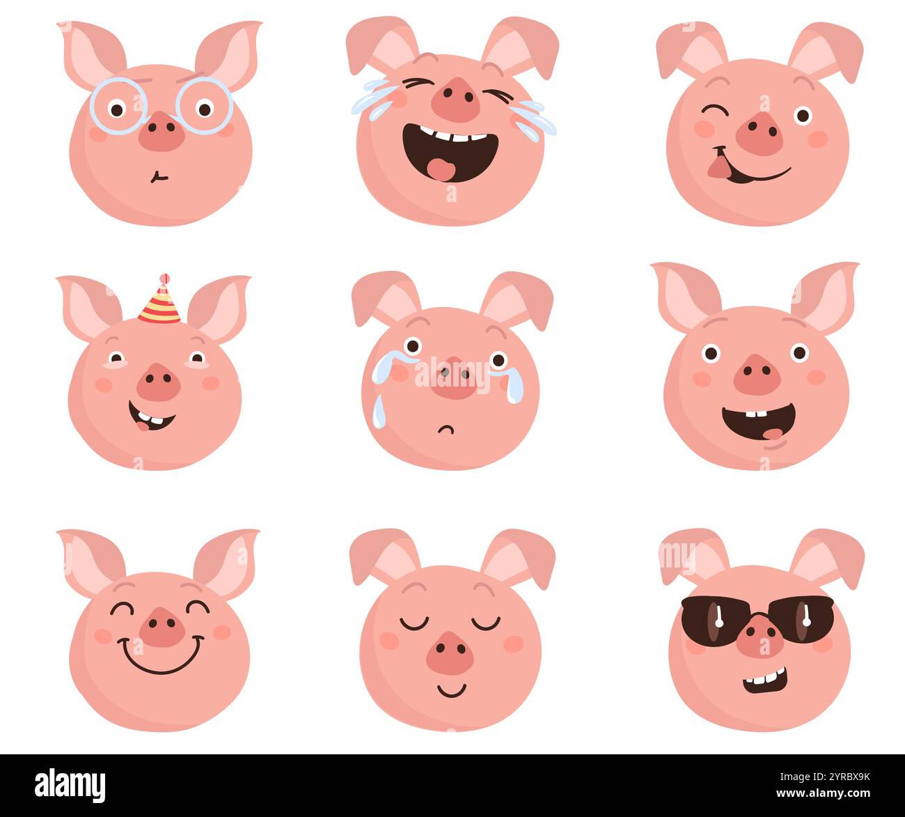 Cartoon pigs emoji. Funny farm animal heads with different emotion ...