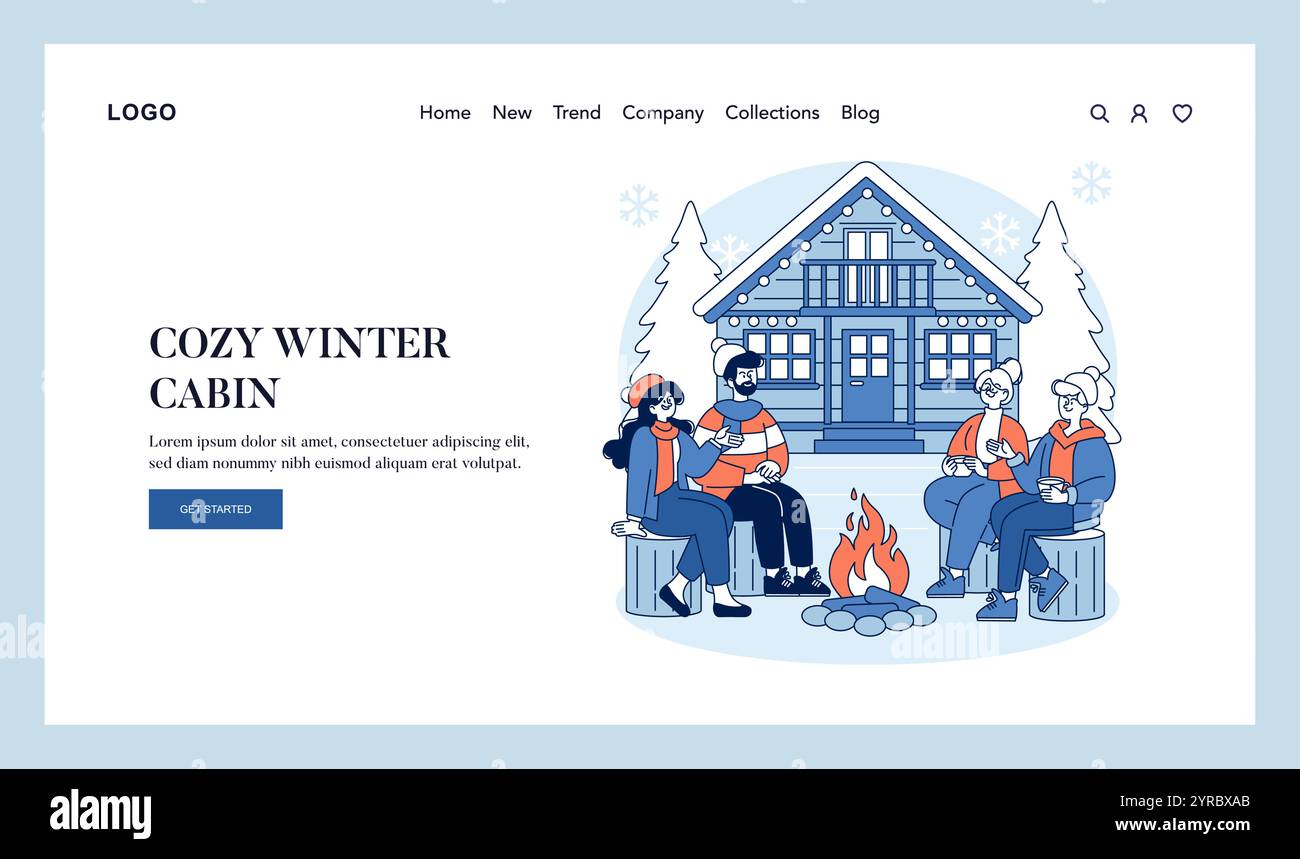 Hello Winter concept. Friends gather by a warm fire outside a cozy winter cabin, enjoying the ...