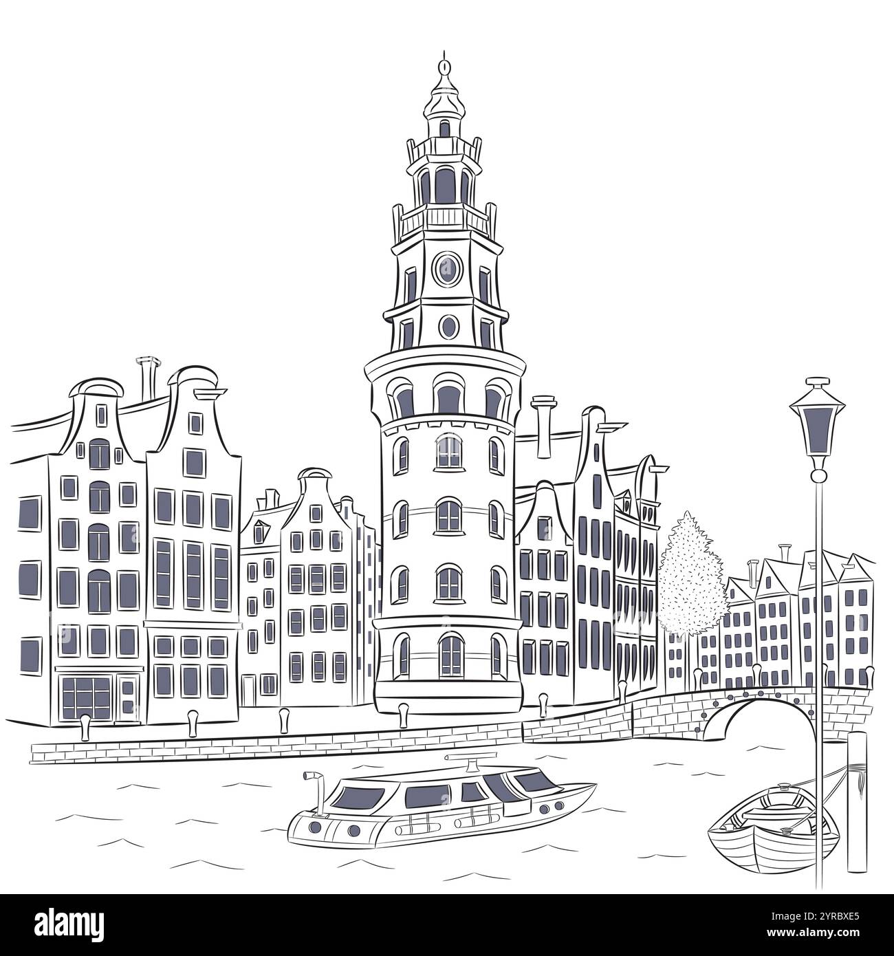 Black and white drawing of Amsterdam canal and Montelbaanstoren tower ...