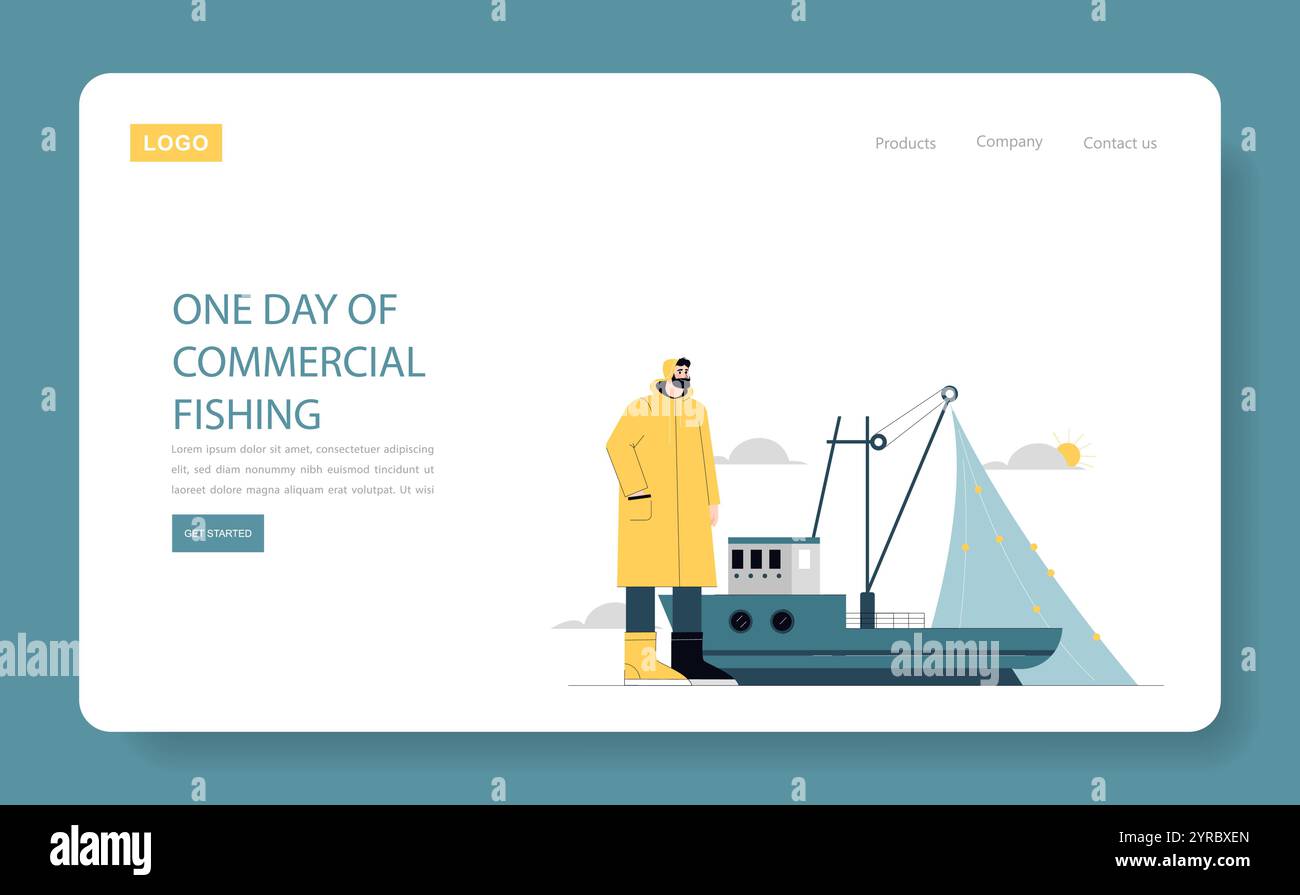 Commercial fishing concept. A fisherman in gear stands by his boat ...