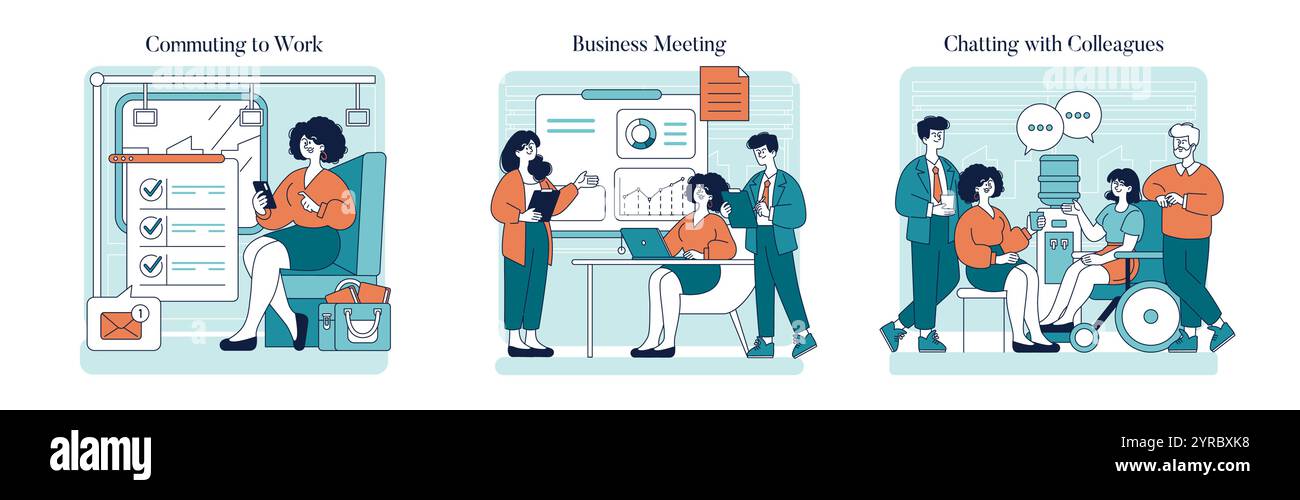 Working Mom Day set. Depiction of a mother's daily routine, from ...