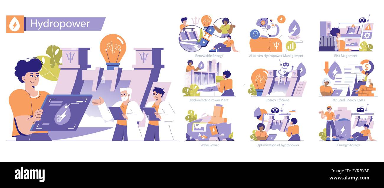 Hydropower concept set. Sustainable energy generation and management ...