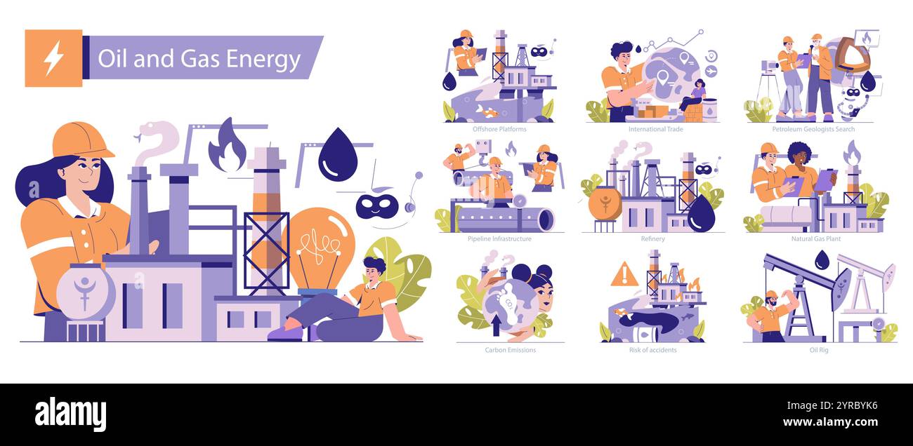 Oil and Gas Energy set. Exploration, extraction, and environmental impact. Refining, offshore ...