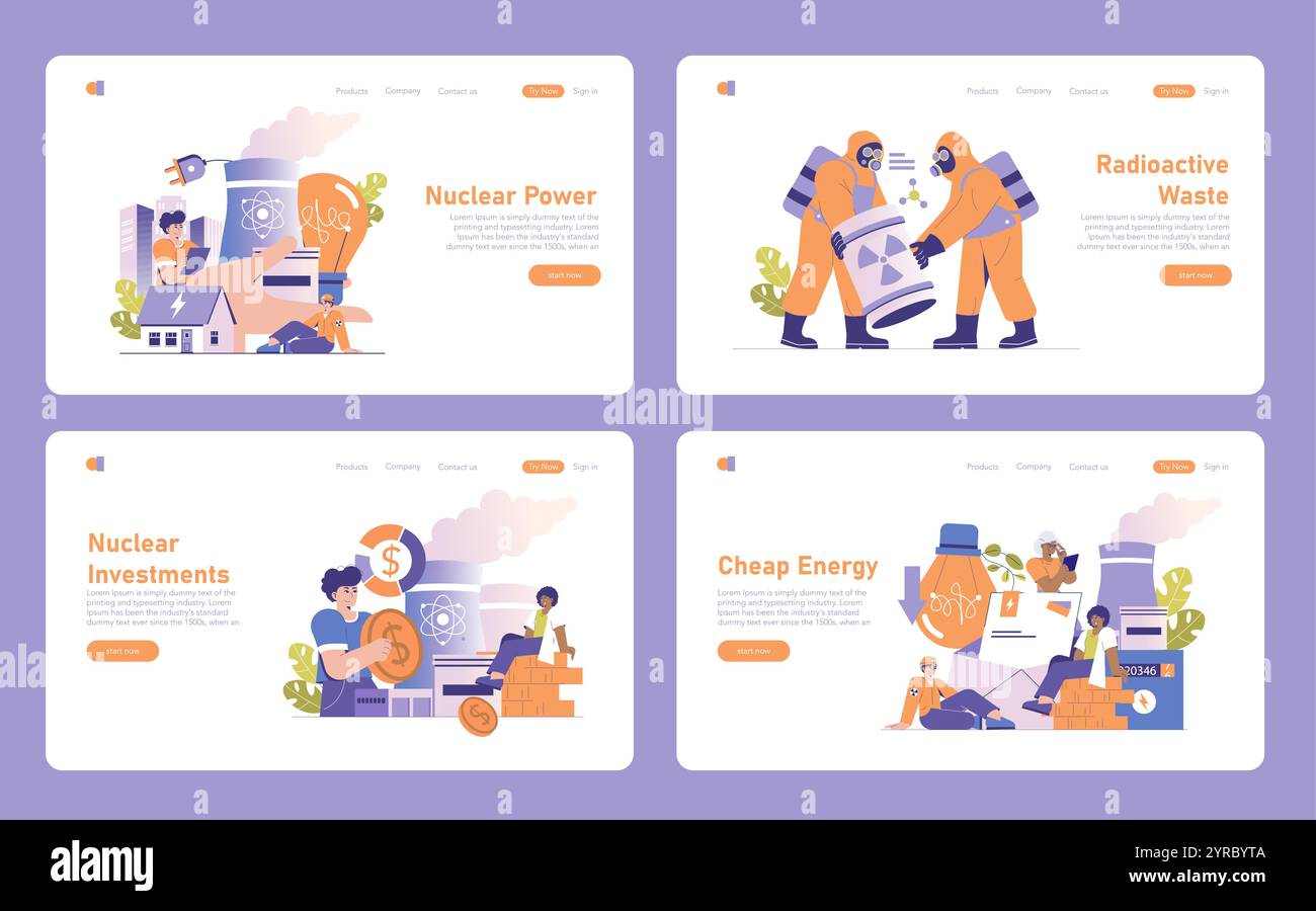 Nuclear power set. Illustrations of energy generation, radioactive waste management, financial ...