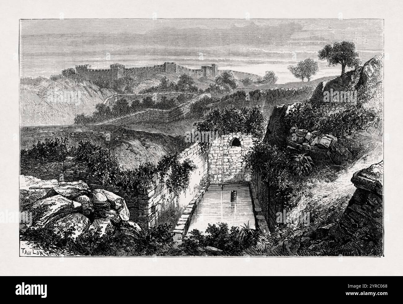 Engraving depicting the pool of Siloam, famous for the miracle of the ...